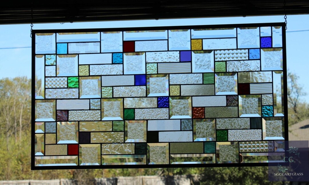 Stained Glass Panel 33.75x 18.75 Large Window Hanging Colorful Privacy ...