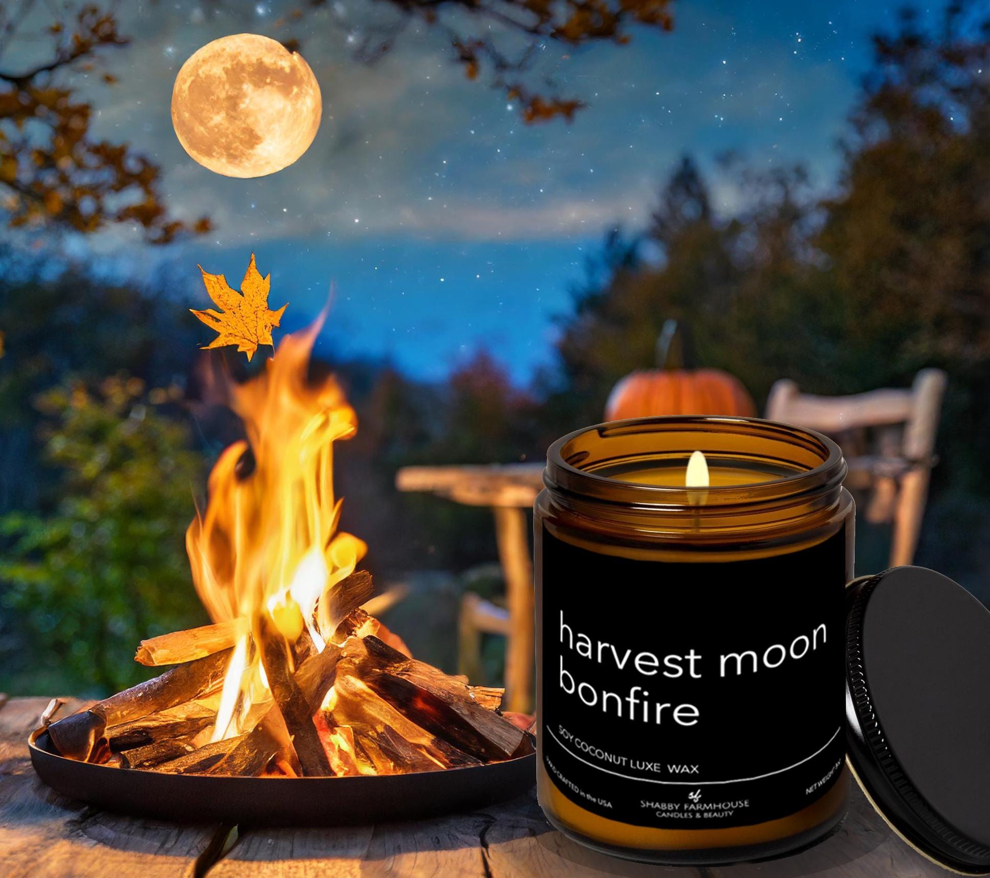 Harvest Moon Bonfire Amber Jar Candle 8oz Coconut Soy Blend Wax Fall ...