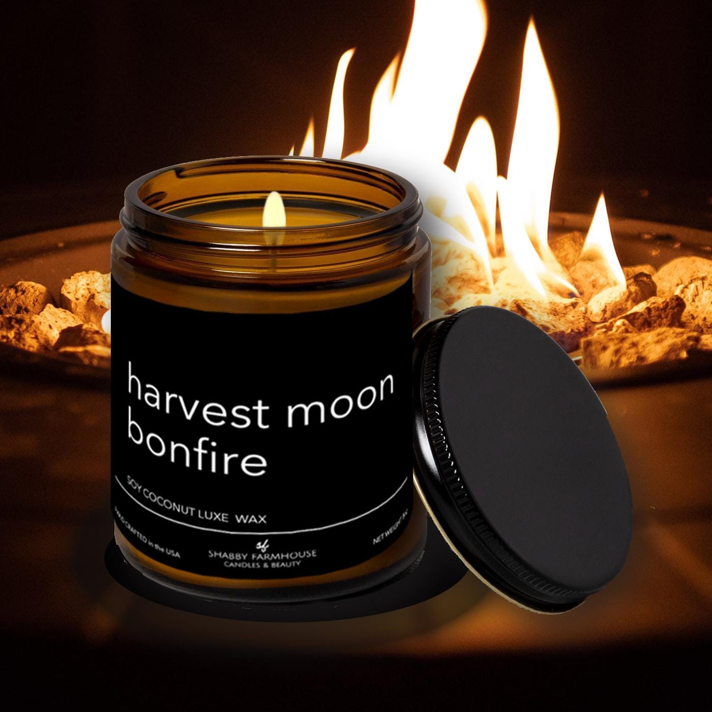 Harvest Moon Bonfire Amber Jar Candle 8oz Coconut Soy Blend Wax Fall ...