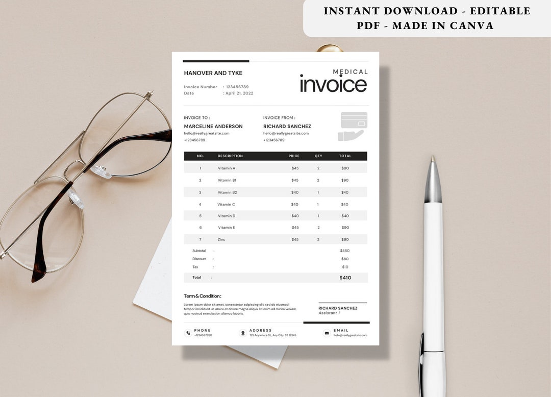 Black Bold Modern Medical Invoice Template.pdf, Invoice , Printable ...