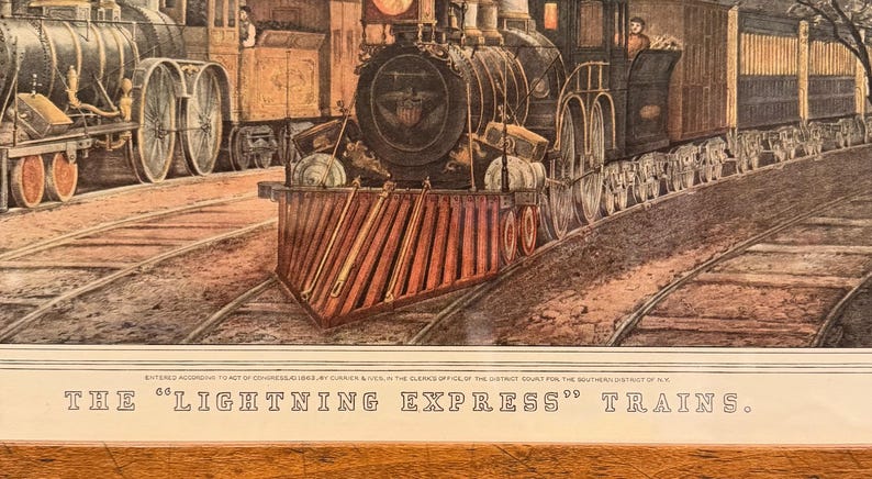 Currier & Ives the Lightning Express Trains Framed Lithograph Reprint ...
