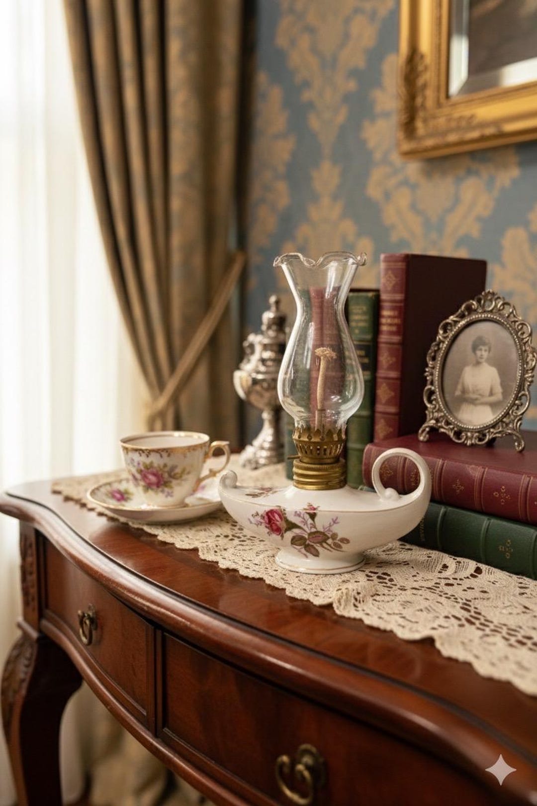 Vintage Miniature Porcelain Aladdin's Oil Lamp, Glass Chimney, Roses ...