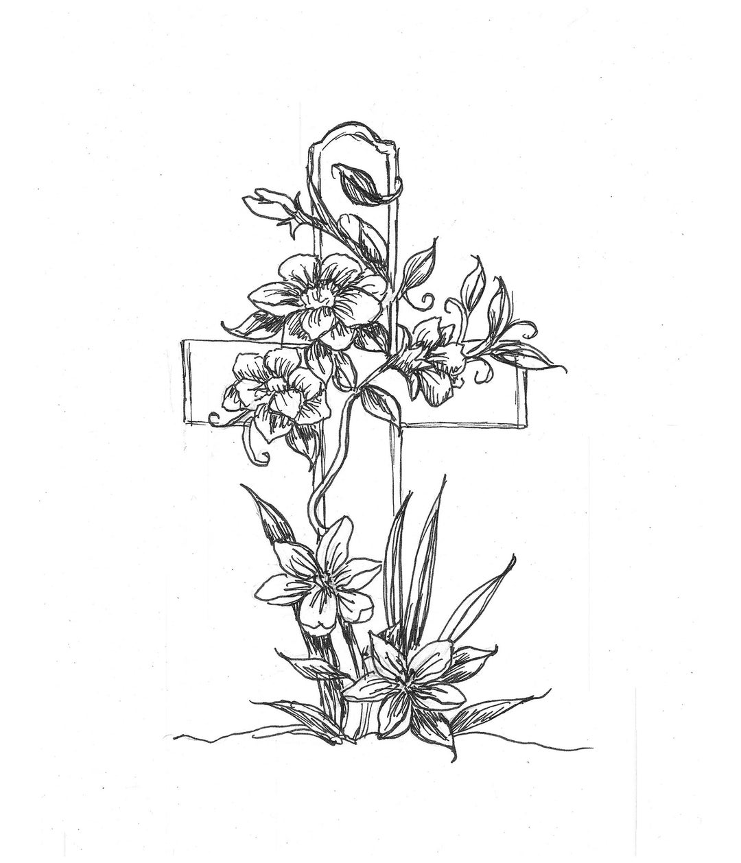 Christian Coloring Page Printable Download Cross and Flowers Hand Drawn ...