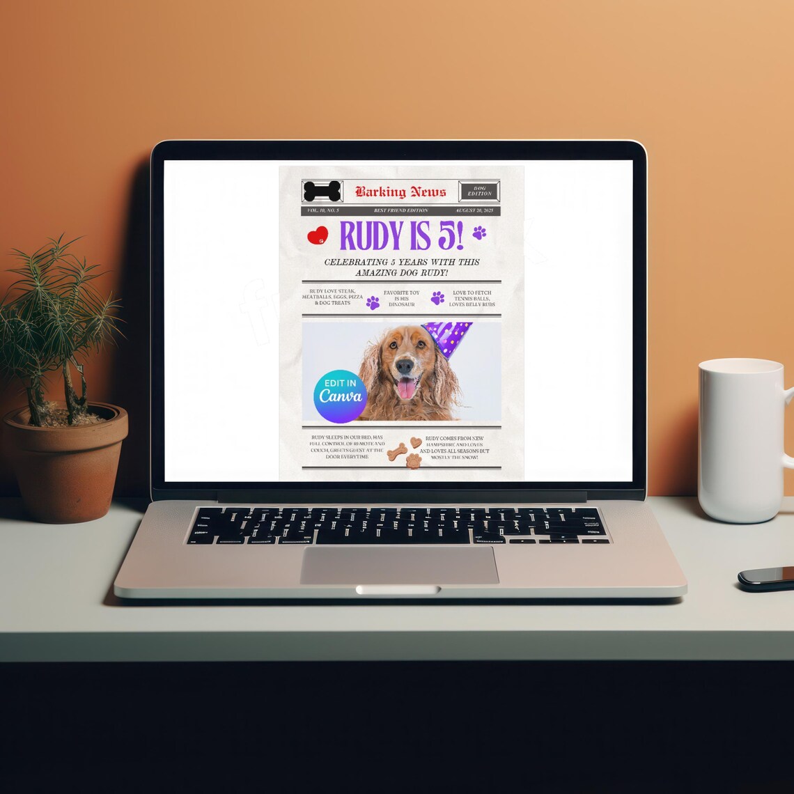 Dog Birthday Newspaper Template With Photo: Editable in Canva (digital ...