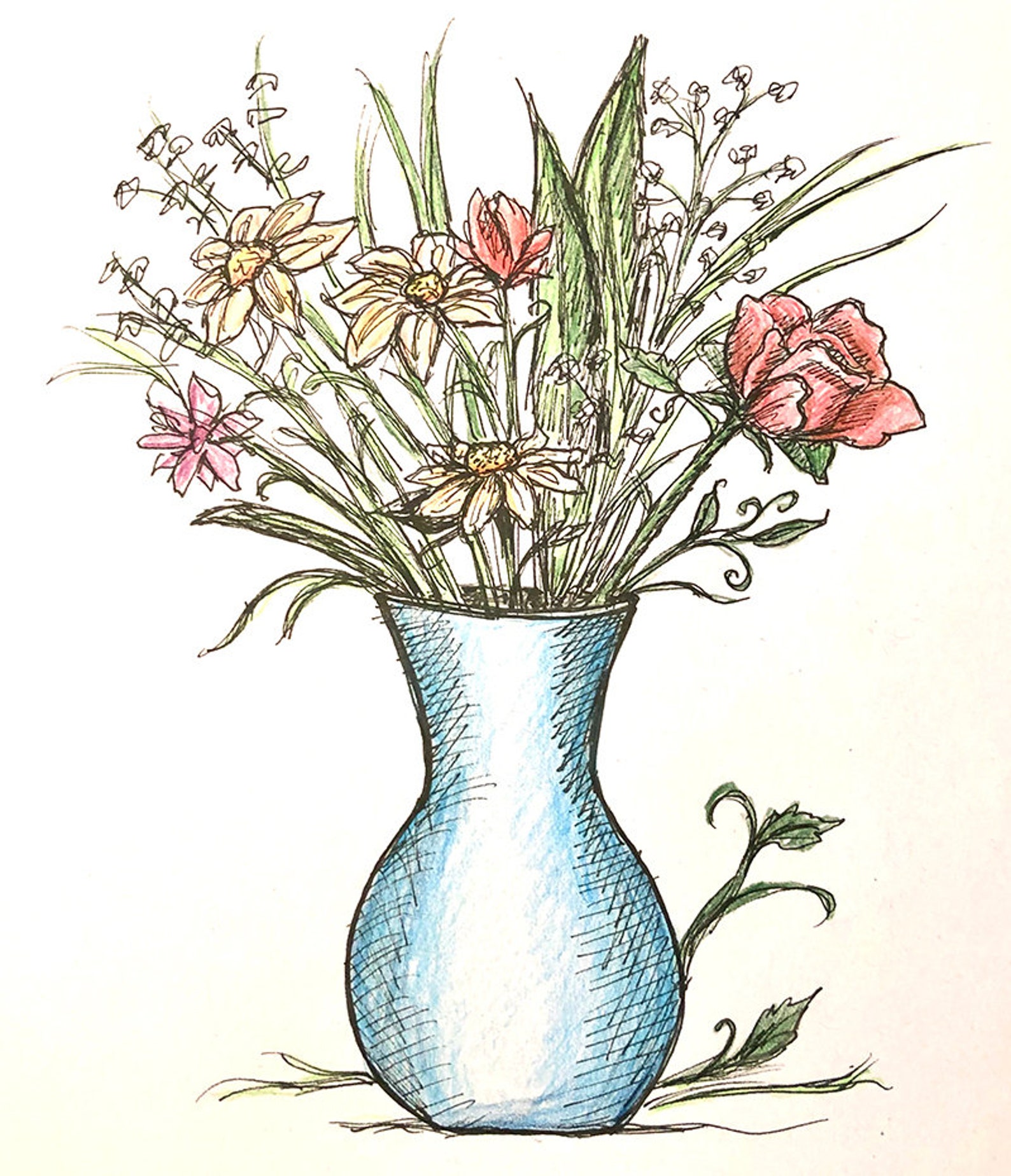 Hand-drawn Vase With Flowers Coloring Page (digital Download) - Etsy