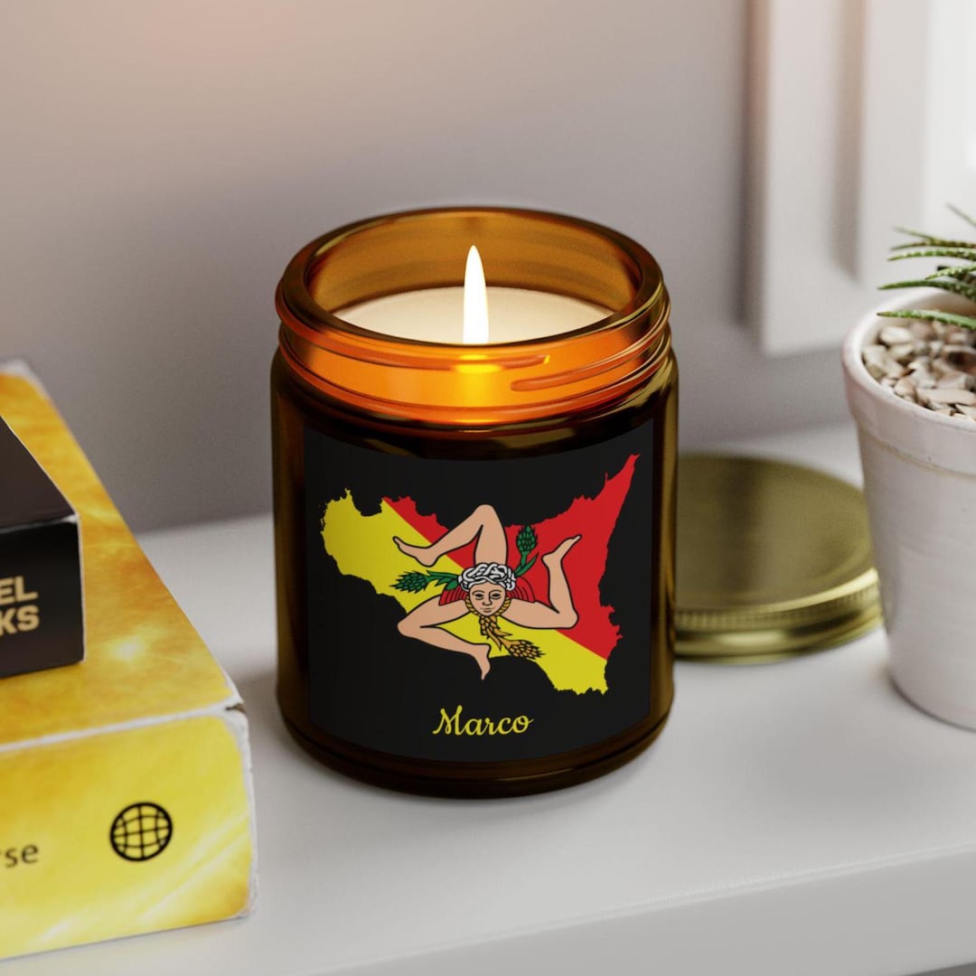 Custom Name Sicilian Trinacria Candle | Coconut Apricot Wax, Sicily Map ...