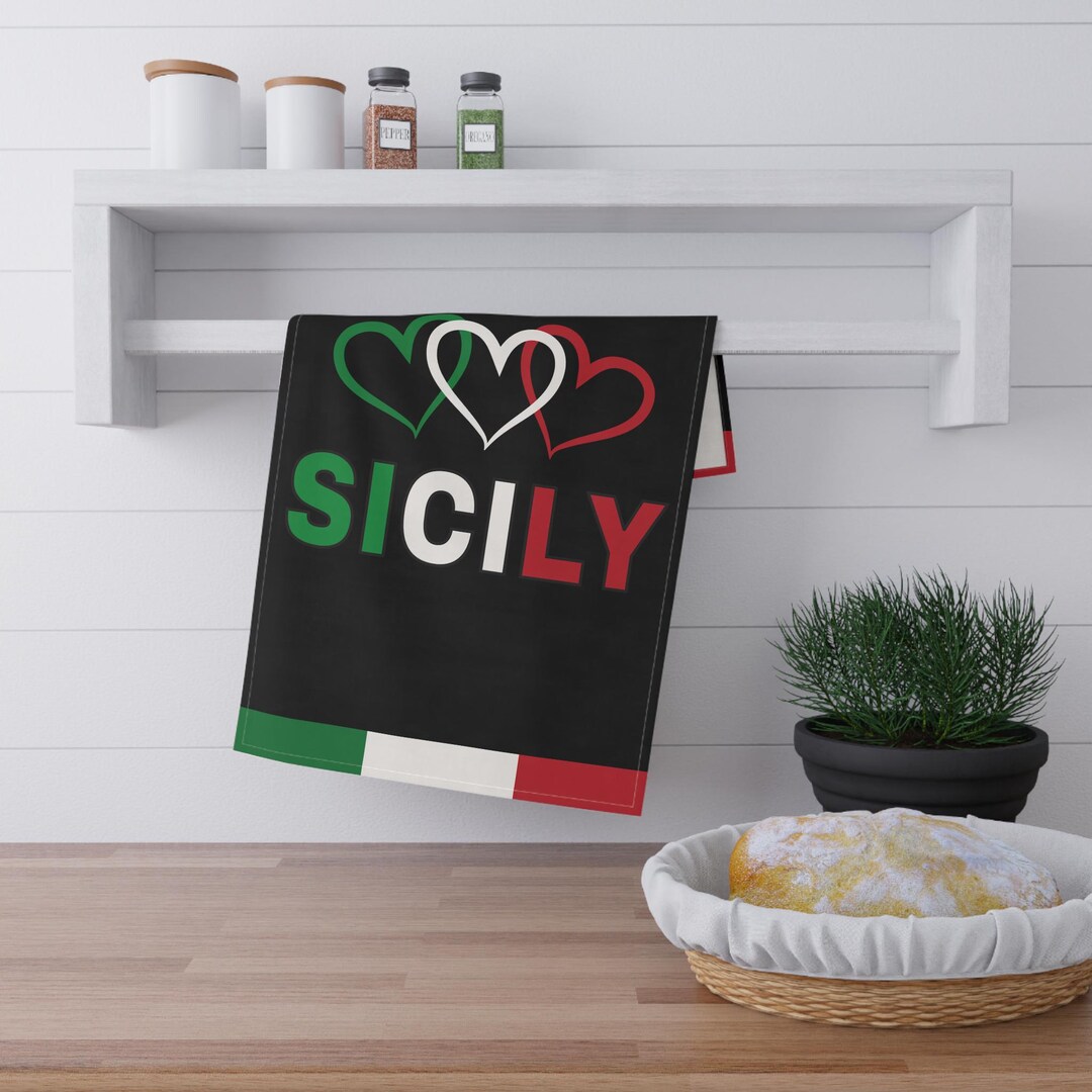 Sicily Tea Towel, Sicilian Gift Kitchen Cloth, Italy Flag Hearts Towel, Housewarming Gift, Italy ...