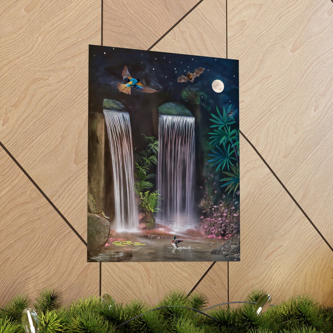 Waterfall Mystical Poster, Tropical Birds, Waterfall, Stream, Tropical ...