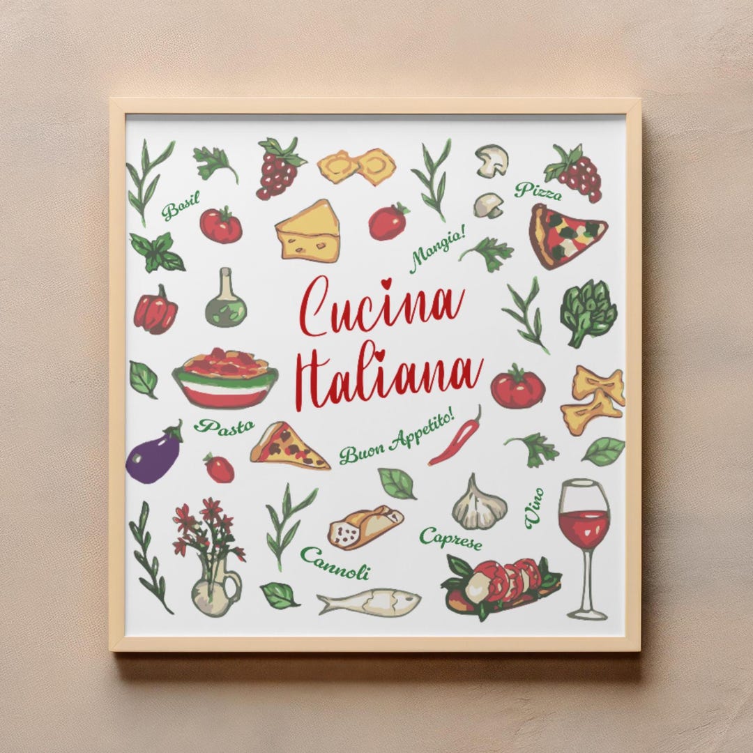 Italian Kitchen Poster, Italian Foods Wall Art, Pizza, Pasta, Wine ...