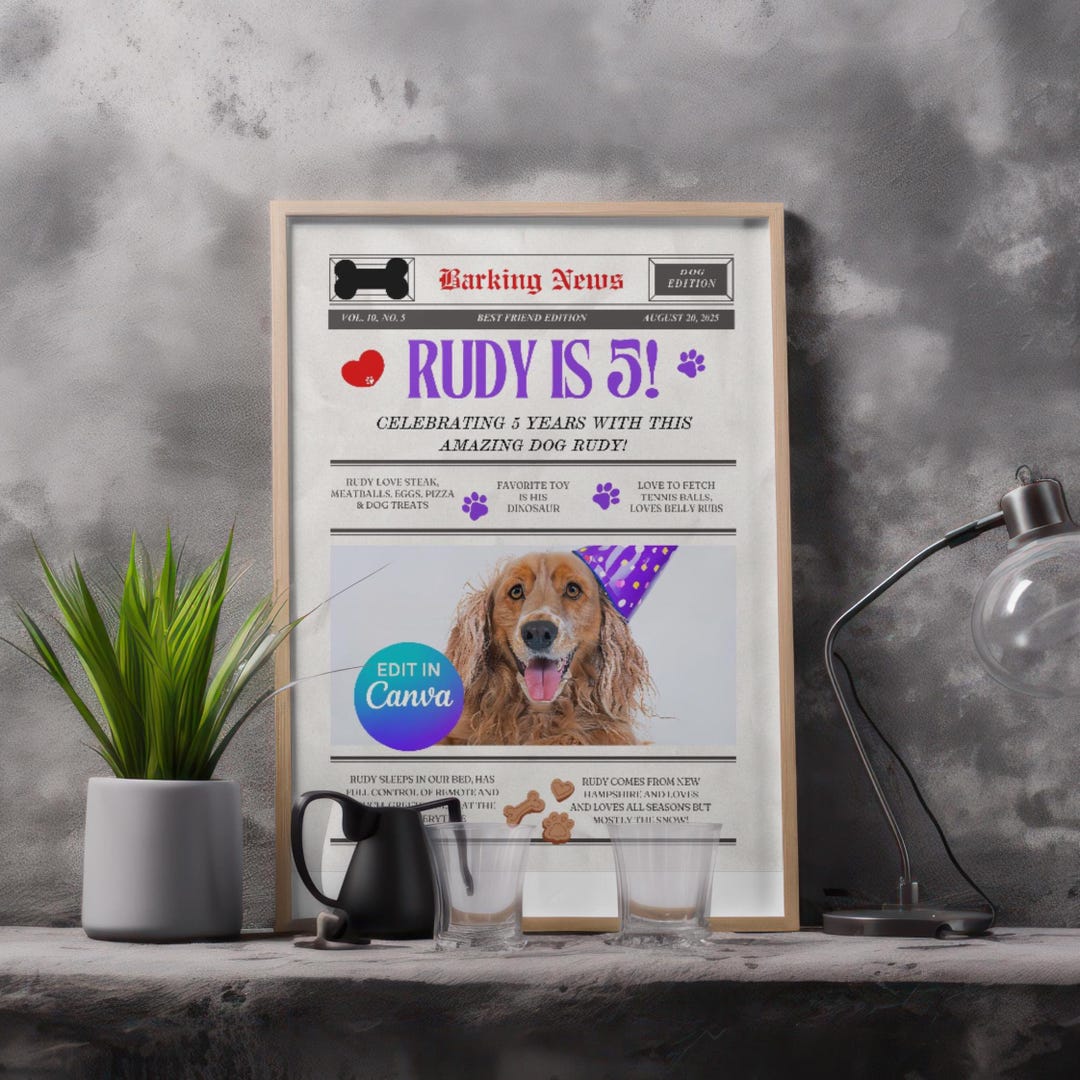 Dog Birthday Newspaper Template With Photo: Editable in Canva (digital ...