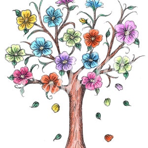 Coloring Page Printable Download Flowering Tree Hand Drawn Coloring ...