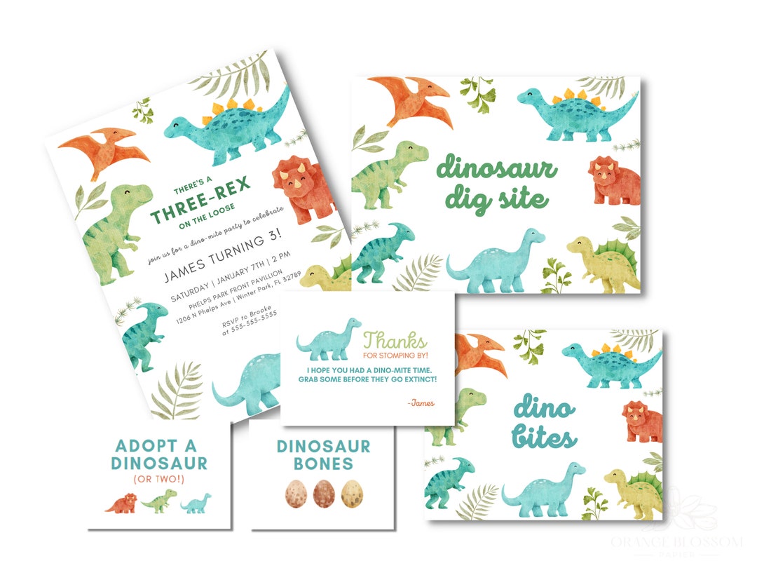Editable Three Rex Dinosaur Birthday Party Bundle | Canva Templates - Etsy