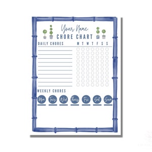 Printable, Custom Blue & White Topiary Chore Chart | Canva Template ...