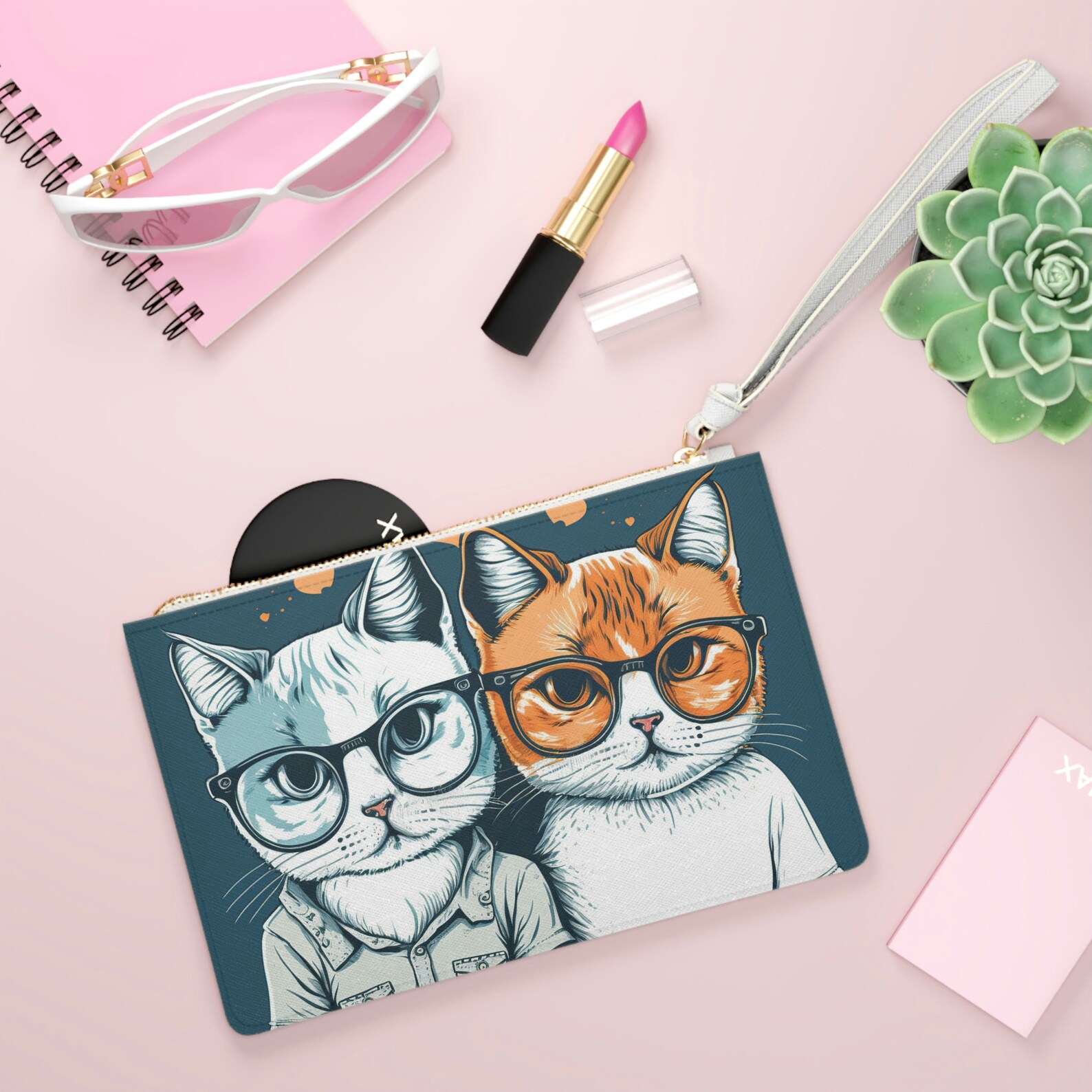 Hipster Cats With Glasses Clutch Bag, Vegan Leather Wallet, Clutch ...
