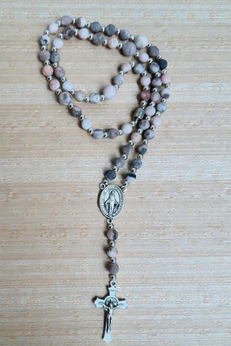 Handmade Beaded Rosary: Natural Stone, Italian Miraculous Medal, Silver ...