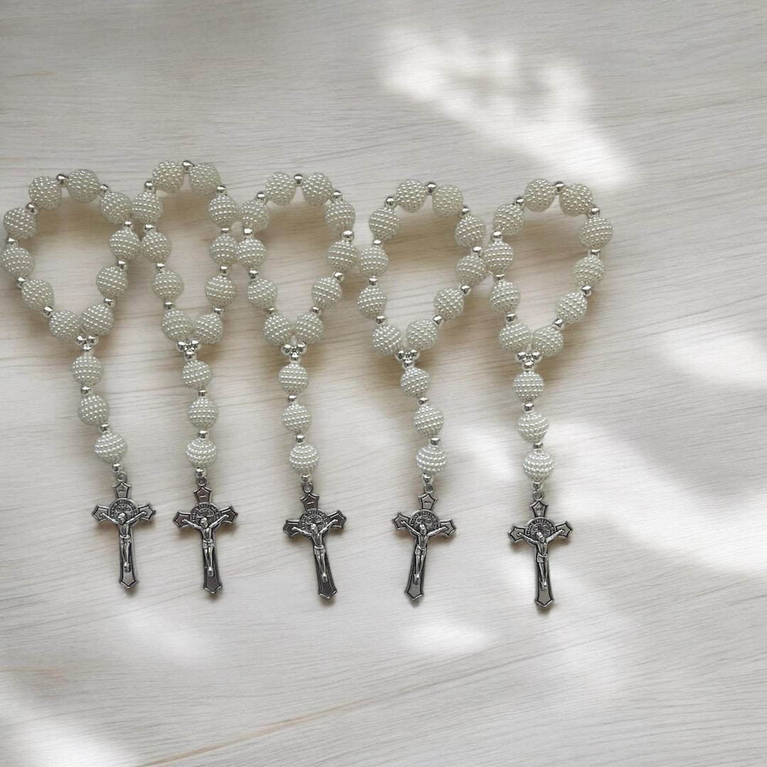 Handmade Mini Rosaries: White Beads, Silver Crucifix - Baptism Favors ...