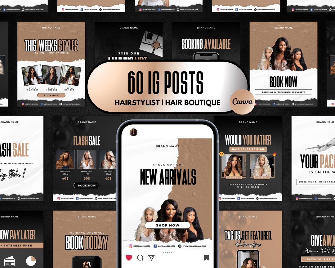 60 HAIR IG Canva Templates | Hairstylist Hair Boutique Branding Kit ...