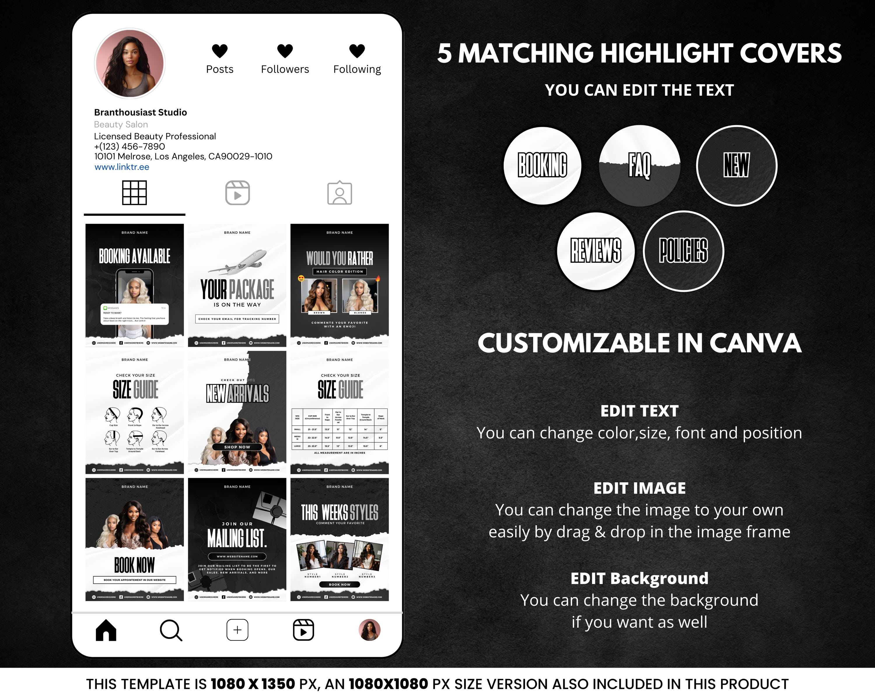 Hair IG Templates | Black and White Instagram Posts (canva) - Etsy