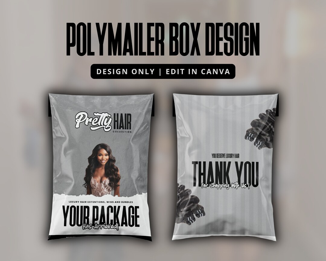 Wig Polymailer Box Design | Lace Front Wig & Packaging Bundles Hair Package | Gray Black and ...