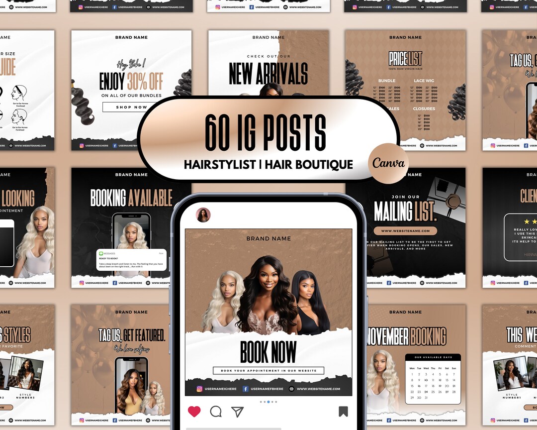 60 HAIR IG Canva Templates | Hairstylist Hair Boutique Branding Kit ...