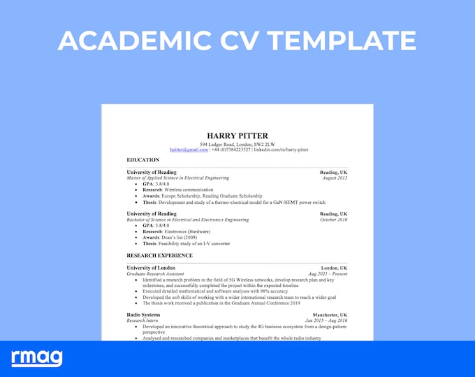 Academic CV Curriculum Vitae Resume for Graduate School, Masters, Phd ...