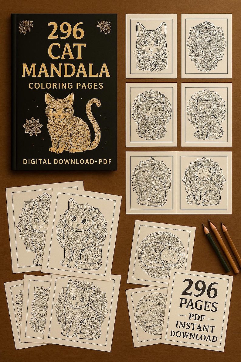 296 Cat Mandala Coloring Pages | Stress Relief Adult Coloring Book ...
