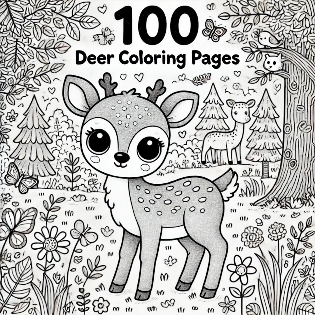 100 Deer Coloring Pages Printable PDF, Cute Woodland Deer, Realistic ...