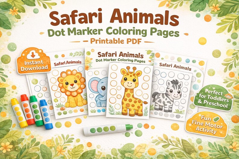 Safari Animals Dot Marker Coloring Pages for Kids | 24 Printable Pages ...