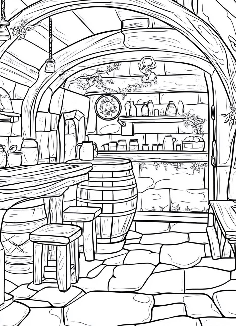50 Fantasy Tavern Coloring Pages: Printable PDF of Medieval Inns ...