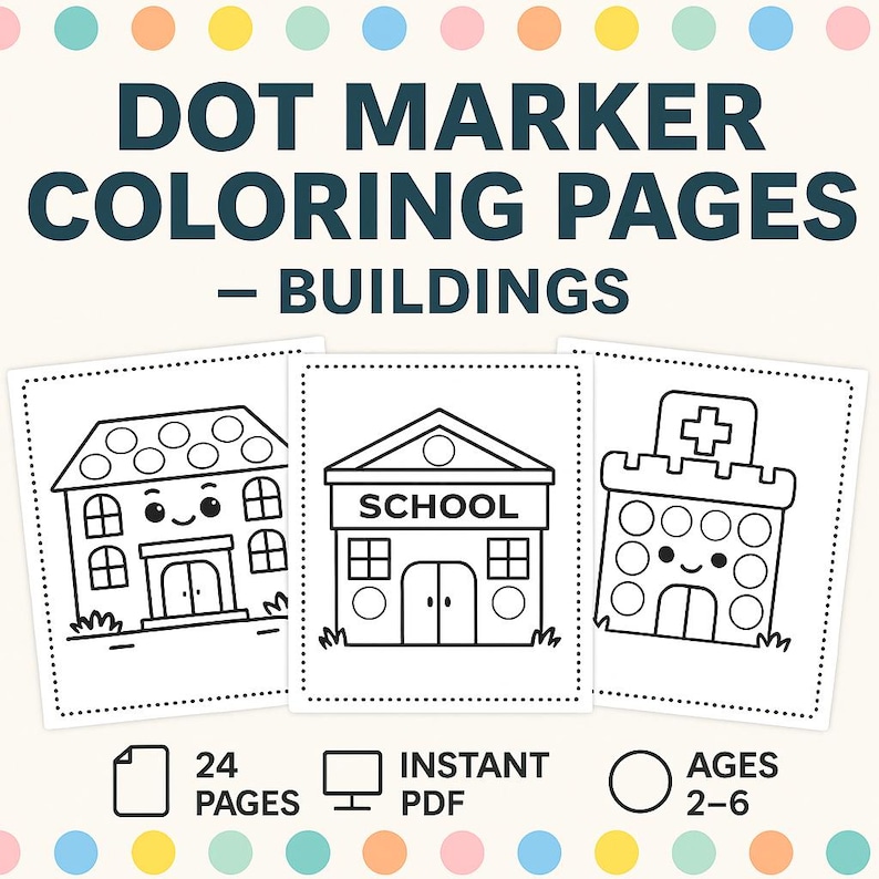 Dot Marker Coloring Pages – Buildings Printable, 24 Kids Dot Art ...