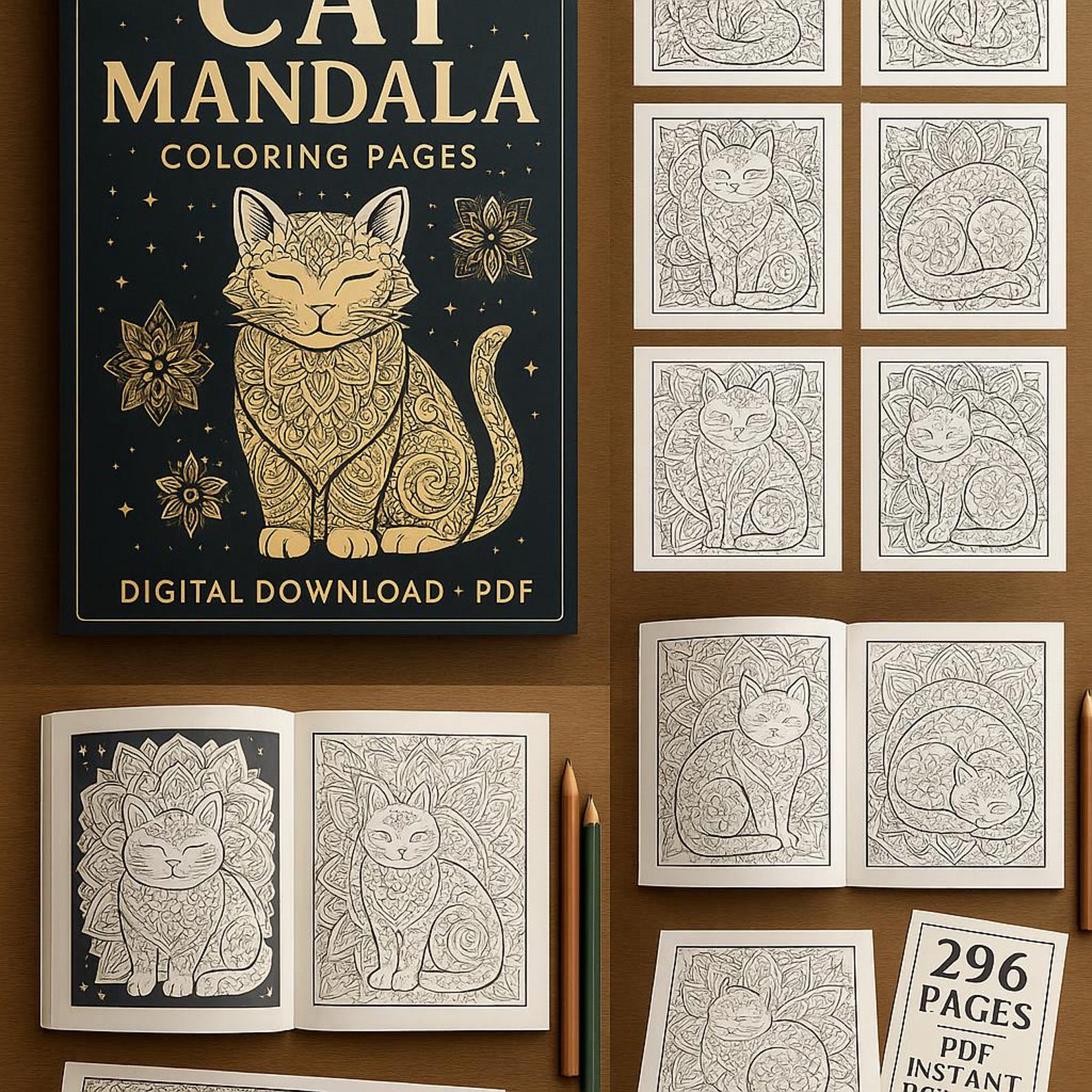 296 Cat Mandala Coloring Pages | Stress Relief Adult Coloring Book ...