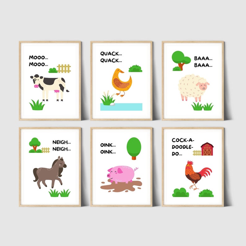 Farm Animals Sounds Printable Art, Set of 6 Prints, Nursery Toddler's ...