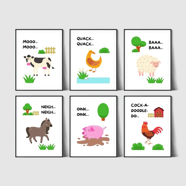Farm Animals Sounds Printable Art, Set of 6 Prints, Nursery Toddler's ...