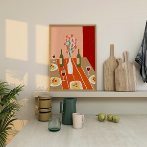 Dinner Table Food Illustration Print, Vintage Kitchen Art, Bar Cart ...