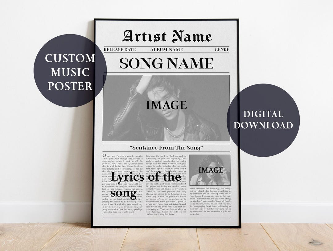 Custom Newspaper Music Poster, Personalized Song Lyrics Print, Retro ...