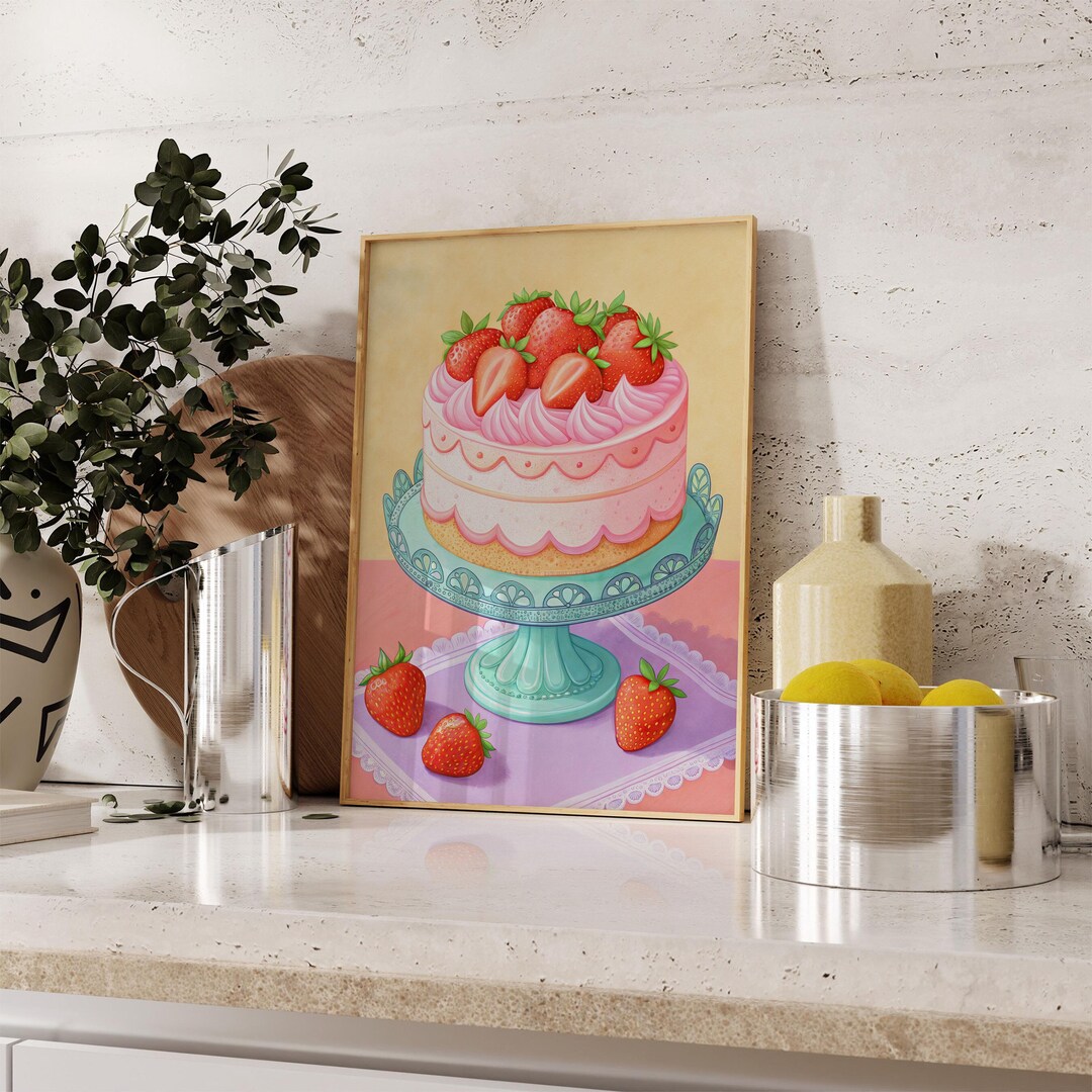 Strawberry Cake Art Print: Coquette Kitchen Decor (digital Download) - Etsy