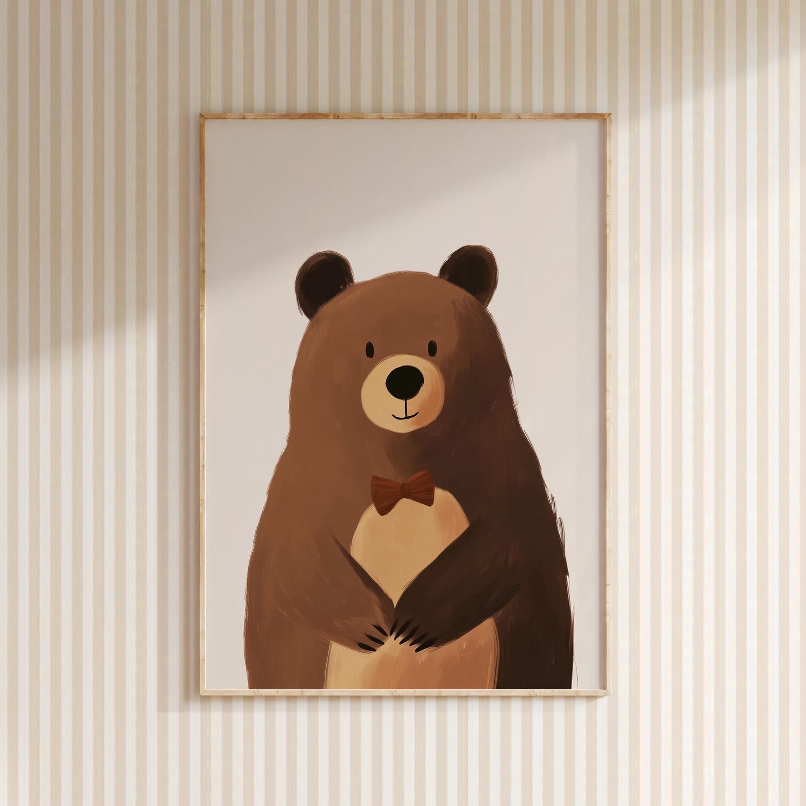 Bear With Bow Nursery Print: Beige Woodland Animal Art (digital ...