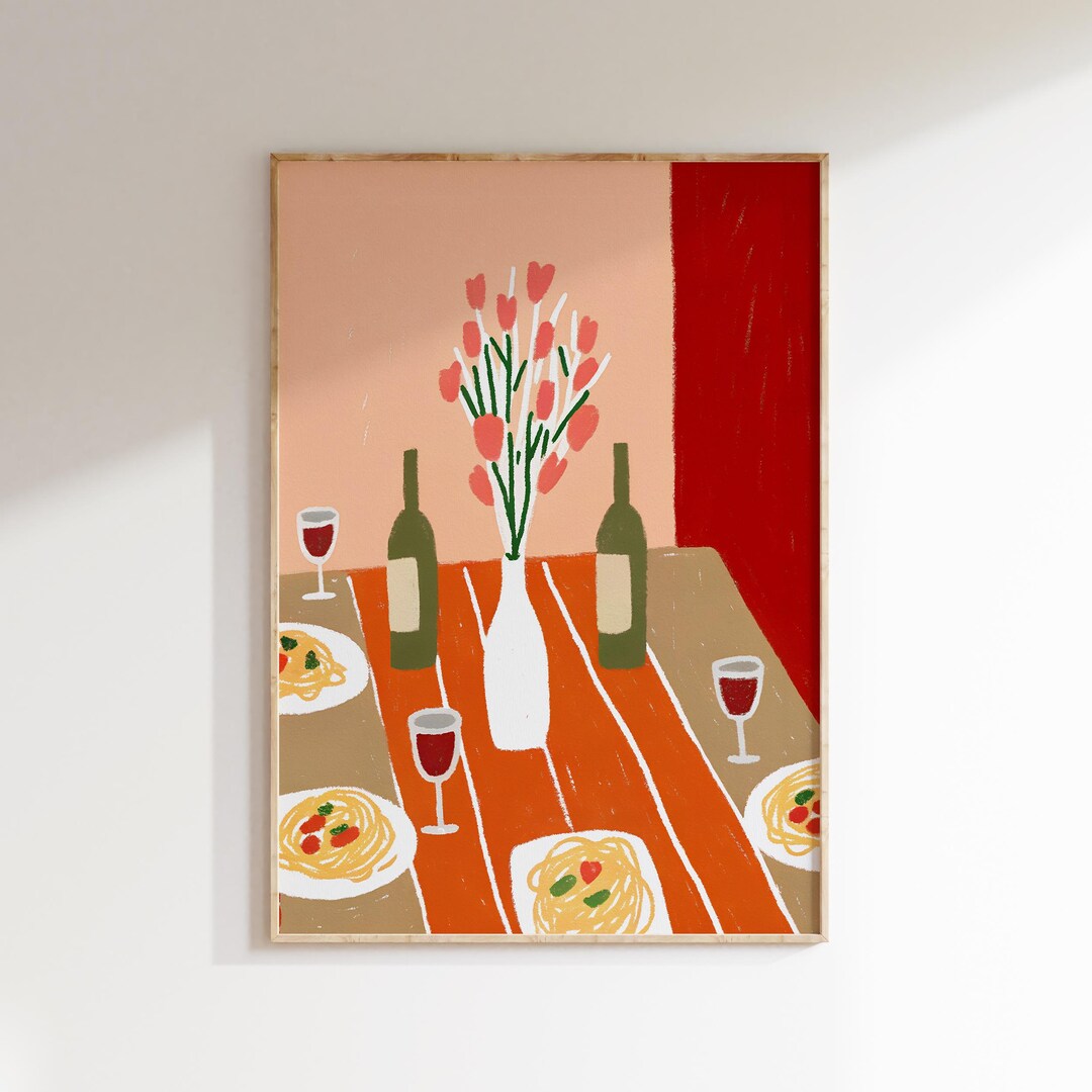 Dinner Table Food Illustration Print, Vintage Kitchen Art, Bar Cart ...