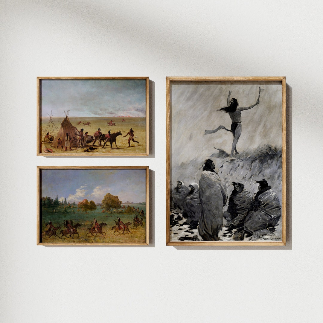 Set of 3 Western Native Americans Paintings, Rustic Countryside Room ...
