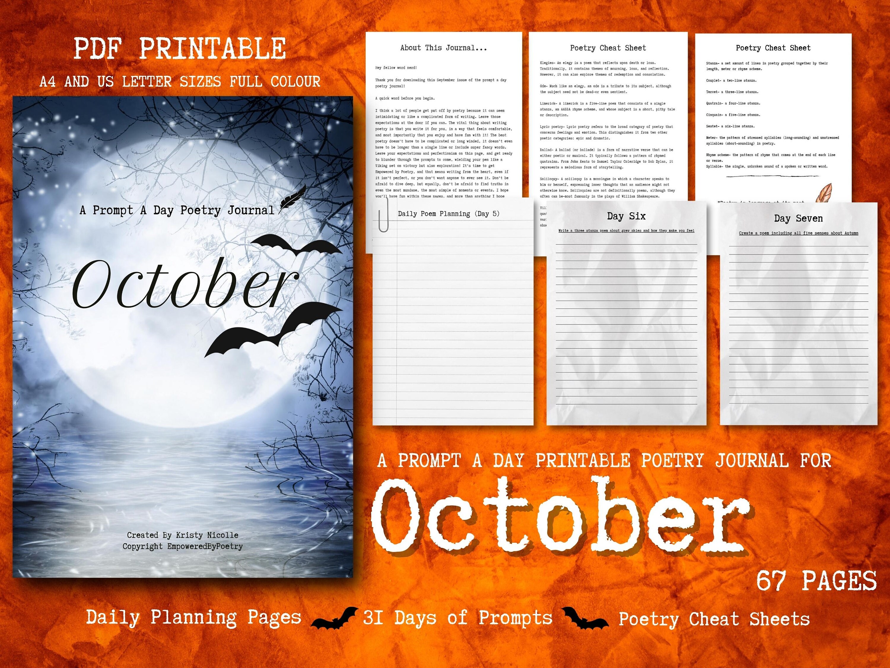 Poetry Journal PDF Printable, Monthly Poetry Prompts Journal, October ...