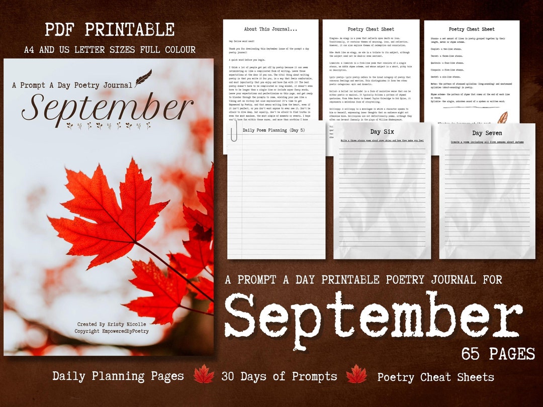 Poetry Journal PDF Printable, Monthly Poetry Prompts Journal, September ...