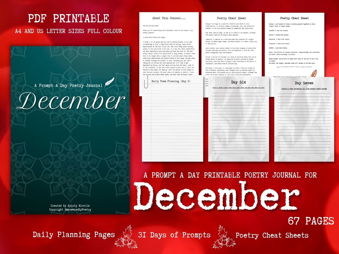 Poetry Journal PDF Printable, Monthly Poetry Prompts Journal, December ...