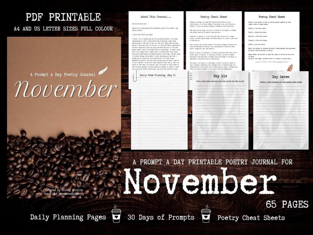 Poetry Journal PDF Printable, Monthly Poetry Prompts Journal, November ...