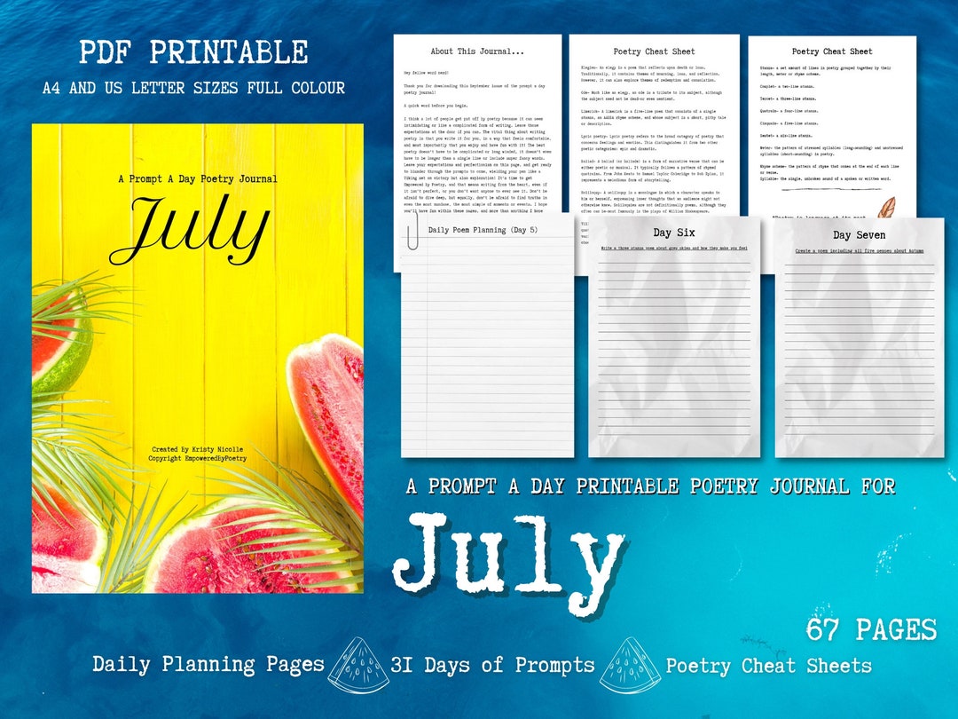 Poetry Journal PDF Printable, Monthly Poetry Prompts Journal, July ...