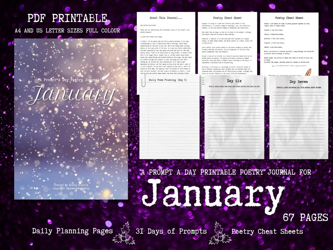 Poetry Journal PDF Printable, Monthly Poetry Prompts Journal, January ...