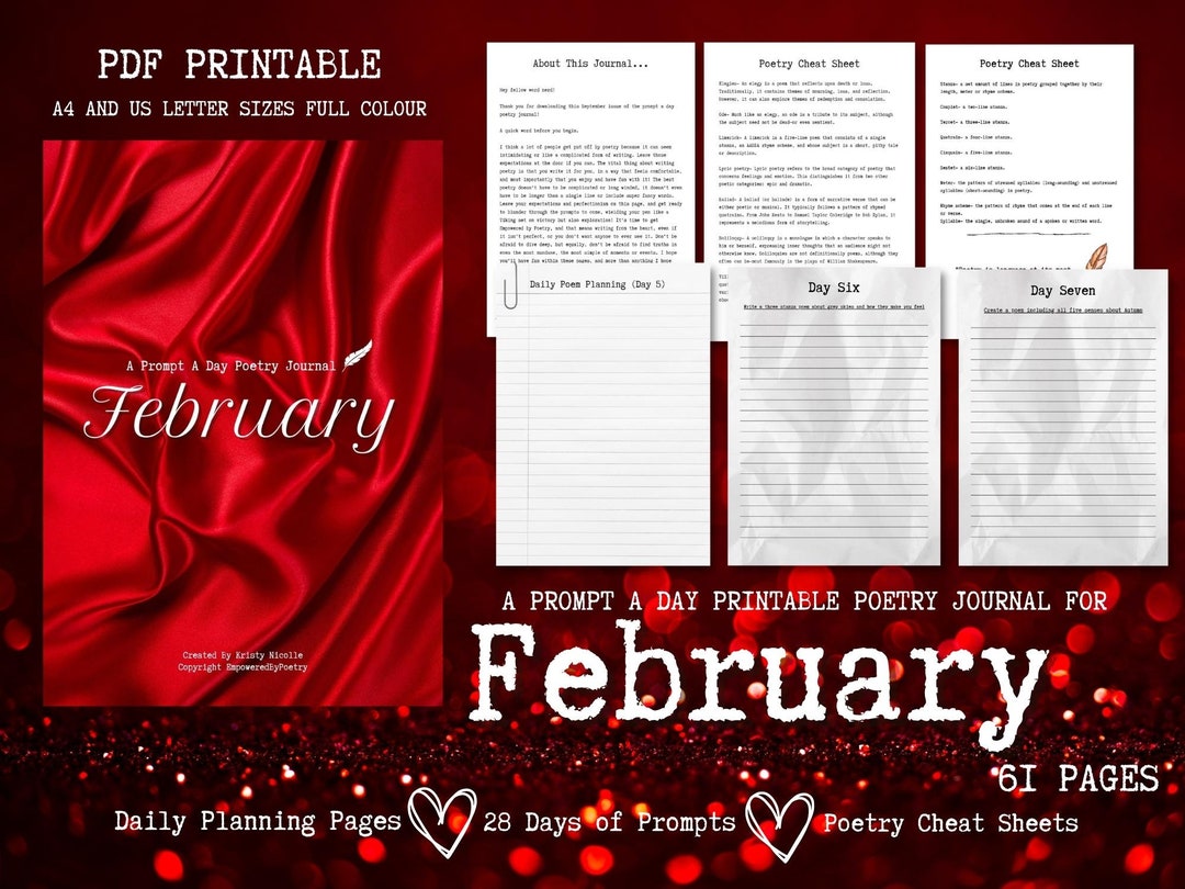 Poetry Journal PDF Printable, Monthly Poetry Prompts Journal, February ...