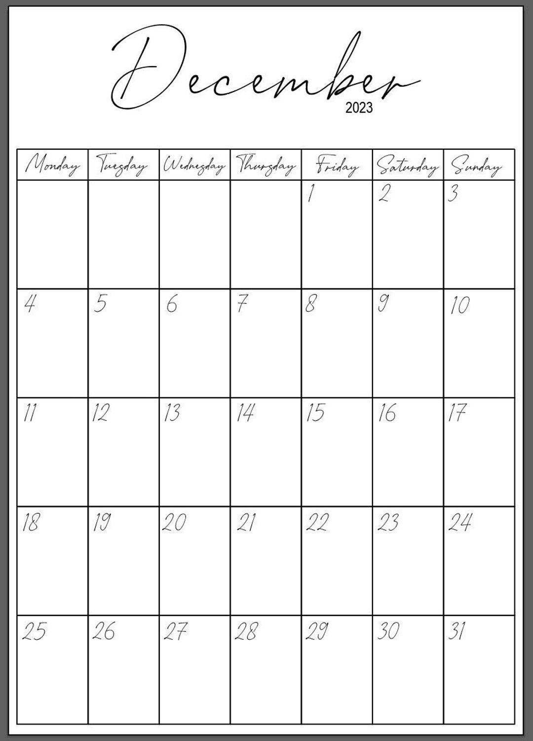 December 2023 Calendar - Blank - Etsy