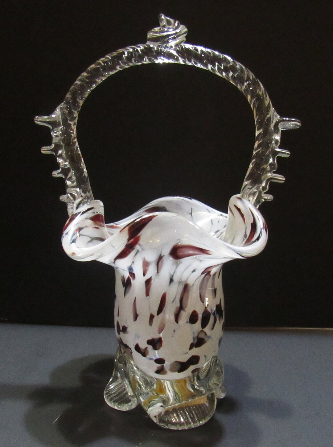 Vintage Romanian Hand Blown Art Glass Basket Vase Decor Abstract Red ...