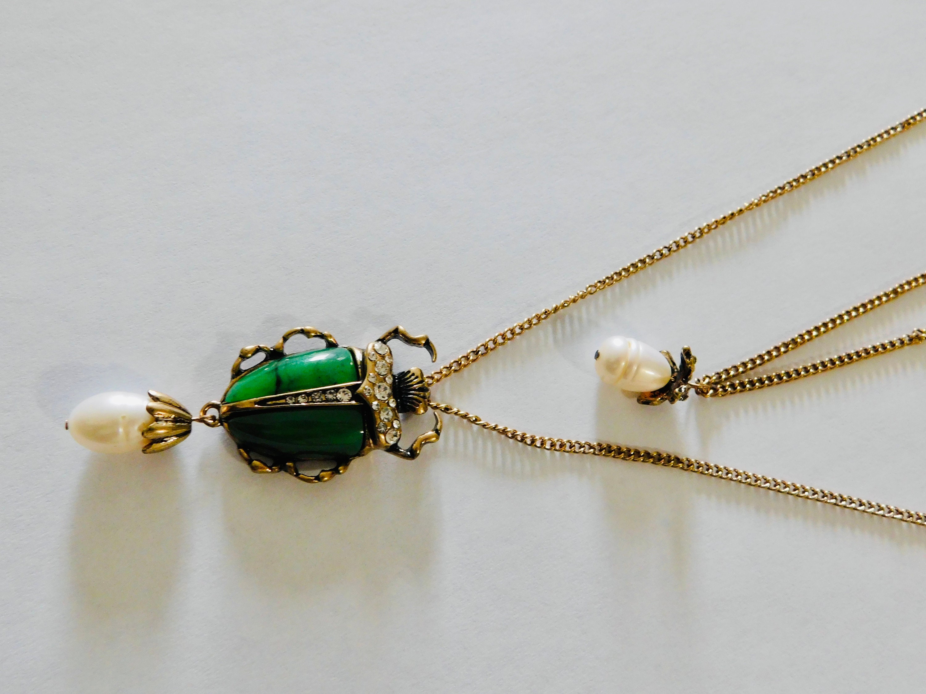 Scarab Beetle Gold Earrings Necklace Bug Insect Egyptian Jade Pearl Art ...