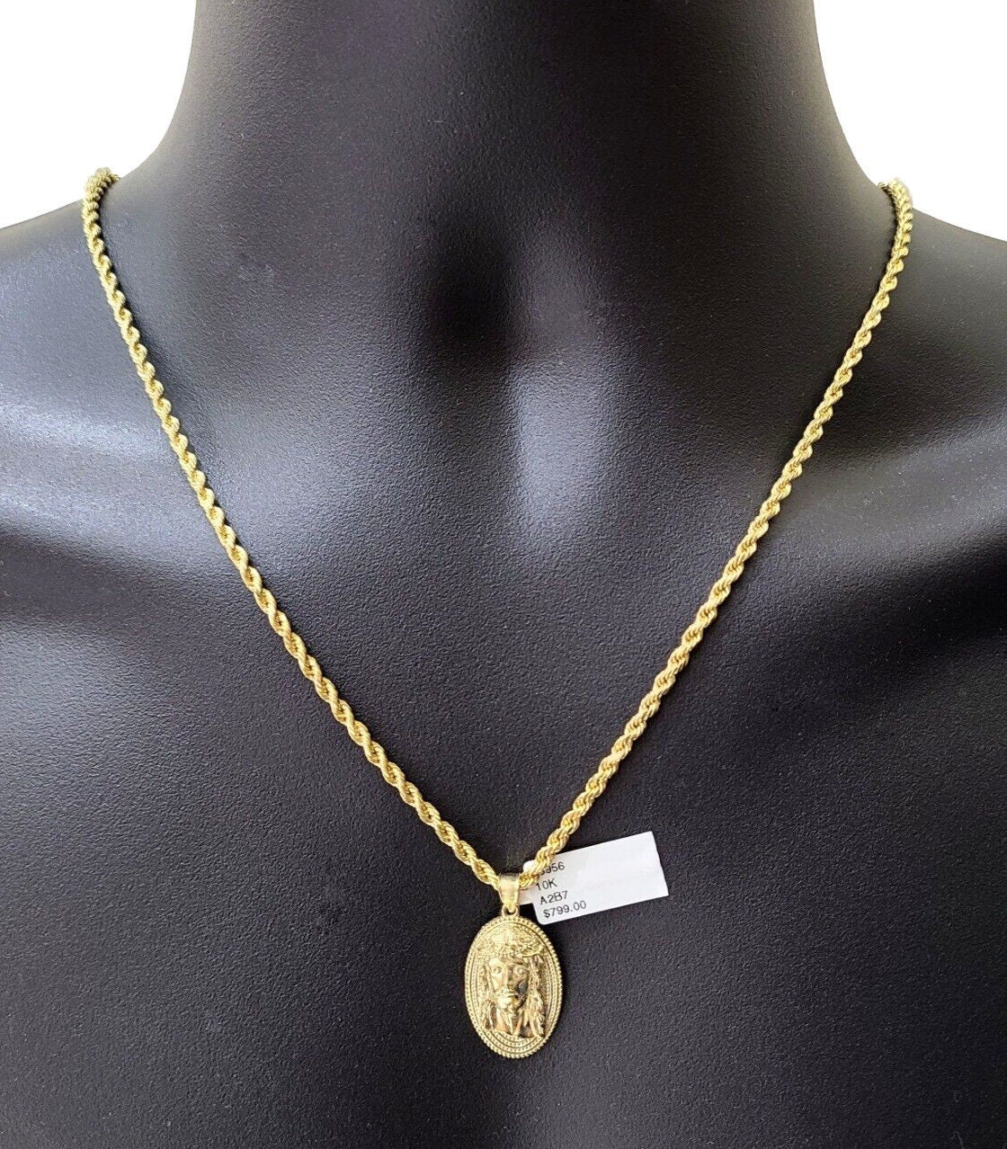 10k Gold Circular Jesus Head Charm Rope Chain Necklace 3mm 24'' Set ...